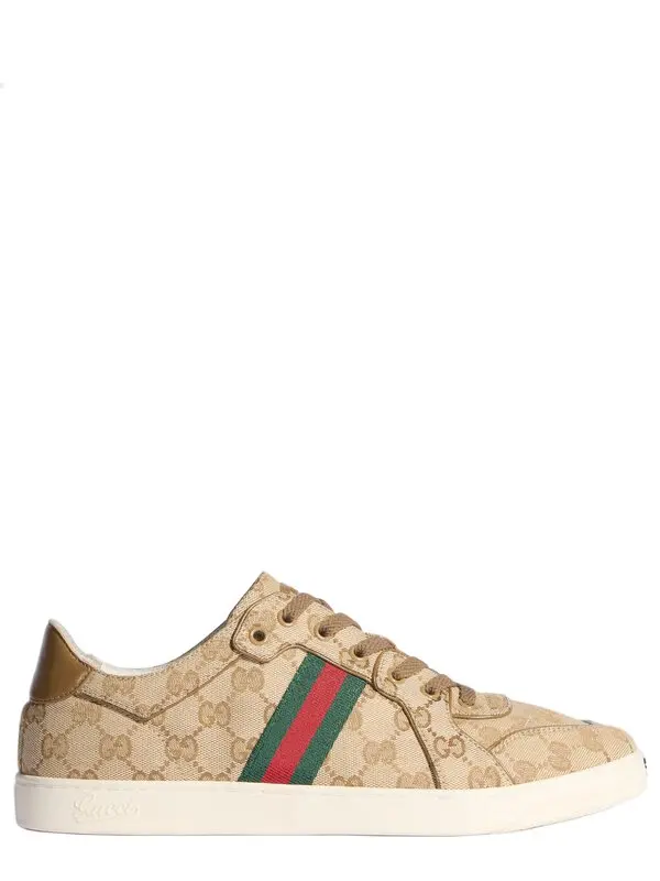 Gucci Leather Lace-up Sneakers With Web Side Detail And Interlocking G Toe Cap - Beige