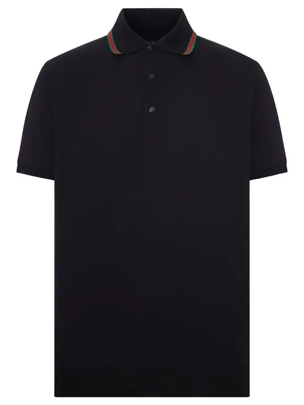 Gucci Cotton Piqué Polo T-shirt With Web Ribbon Collar Trim - Nero