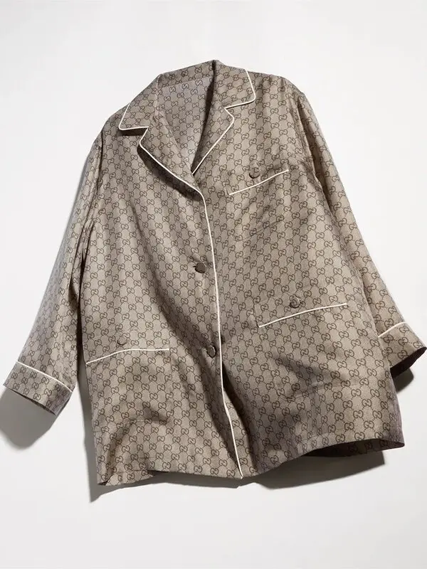 Gucci Piping Trim Silk Shirt With Gg Print, Open Collar & Front Pockets - Beige