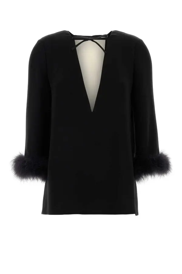 Valentino Garavani Silk Blouse With Feather Cuffs - Black