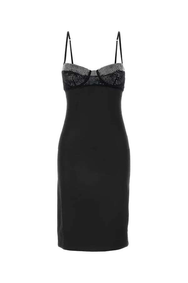Oseree Stretch Satin Embellished Dress - Black