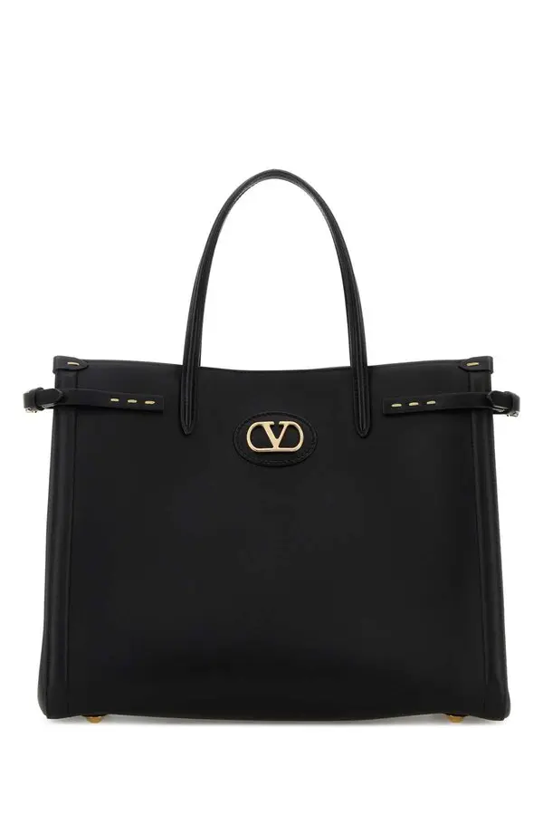 Valentino Garavani Vlogo Signature Leather Shopping Handbag - Black