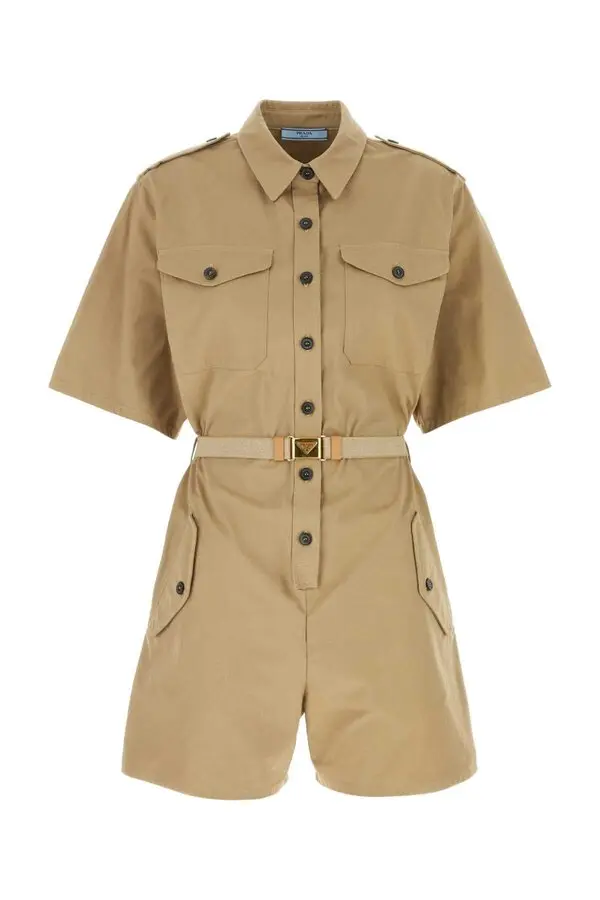 Prada Cotton Jumpsuit With Belted Waist - Green