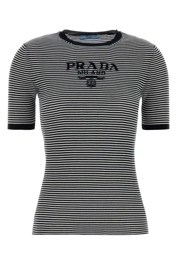 Prada Embroidered Striped Recycled Silk T-shirt - Stripped