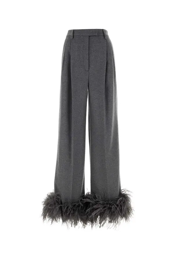 Prada 100% Cashmere Wide-leg Pants With Feather Trim