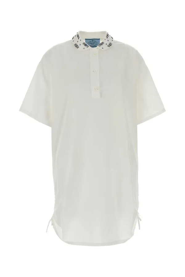 Prada Embellished Poplin Polo Dress - White
