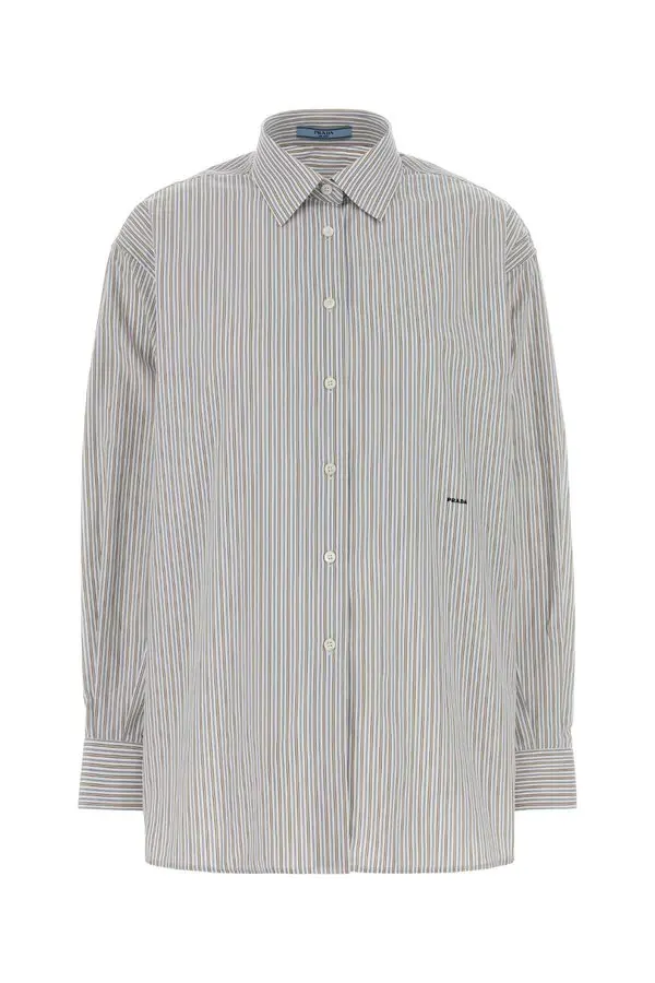 Prada Oversized Embroidered Striped Poplin Shirt - Stripped