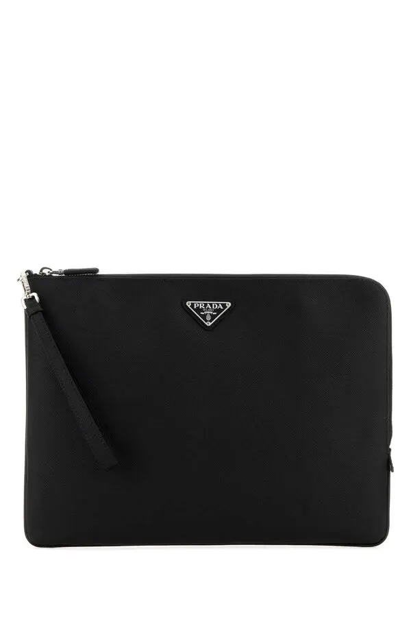 Prada Leather Clutch Bag With Silver-tone Hardware, 33 Cm X 25 Cm X 3 Cm