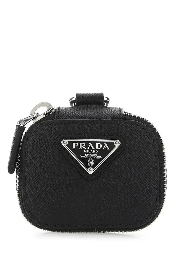 Prada Leather Airpods Case With Silver-tone Hardware - Black