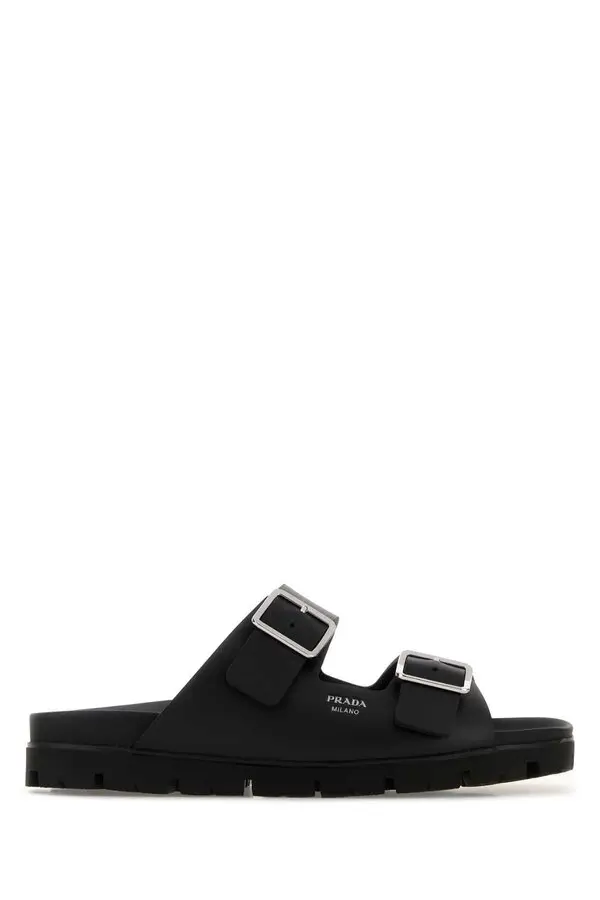 Prada Leather Slippers With Rubber Sole - Black
