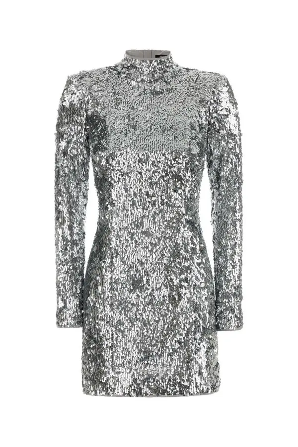 Balmain No Brand: Sequin Mini Dress With Stretch Crepe & Cupro Lining - Silver