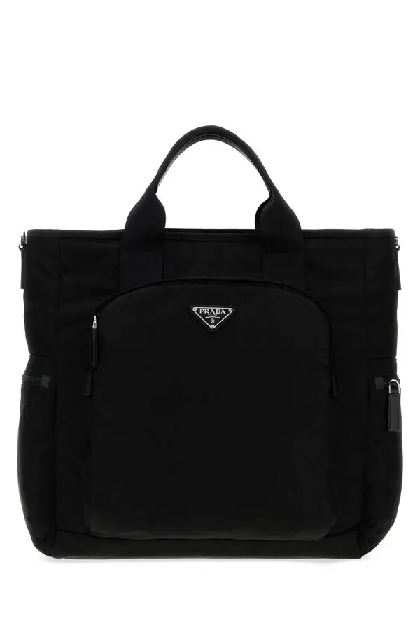 Prada Fabric Shopping Handbag With Dual Handles And Adjustable Shoulder Strap - Black