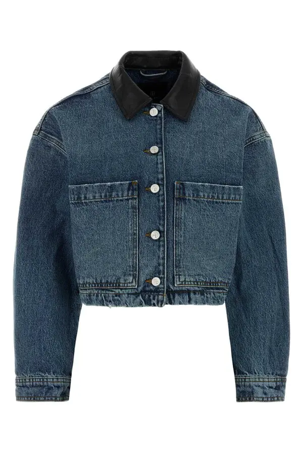 ANINE BING Classic Denim Trucker Jacket With Leather Collar