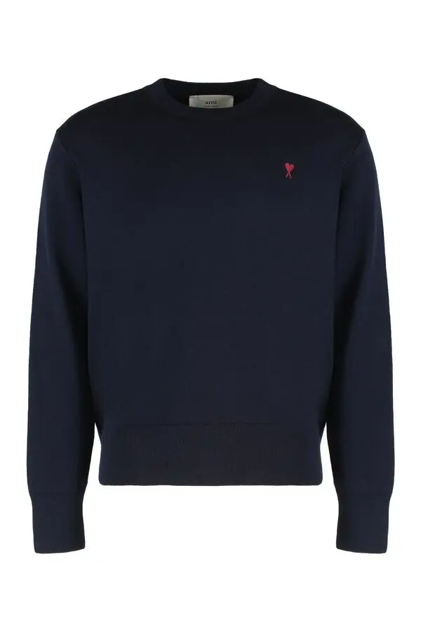 AMI Paris 100% Merino Wool Crew Neck Sweater - Blue