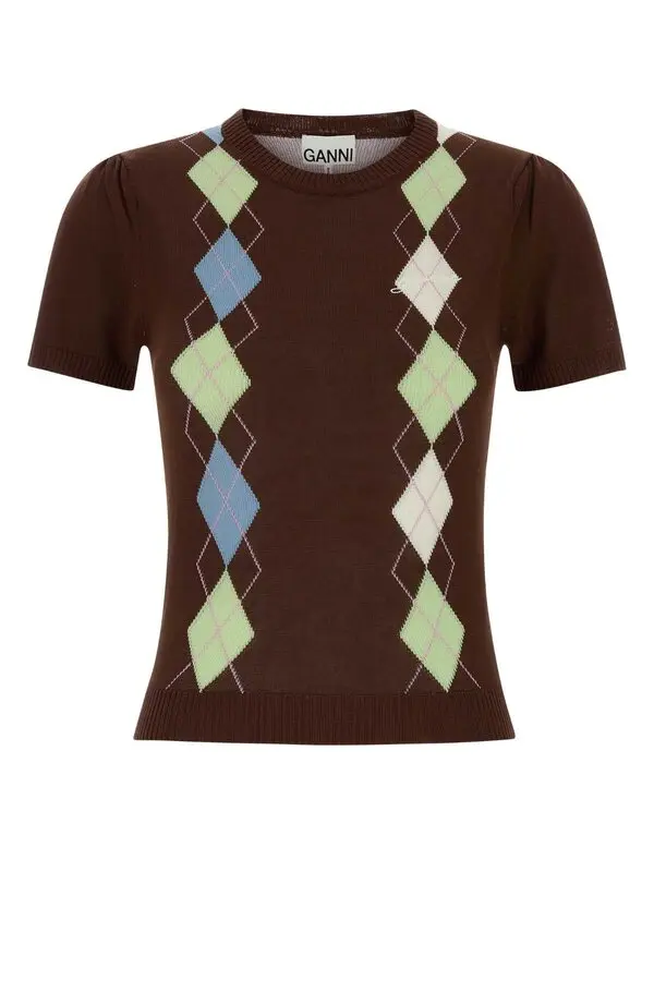 GANNI Argyle Knit Sweater - Brown