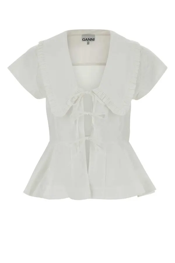 GANNI Cotton Poplin Top With Sailor Collar And Tie Detail
