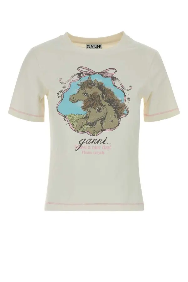 GANNI Ivory Stretch Cotton T-shirt For - White