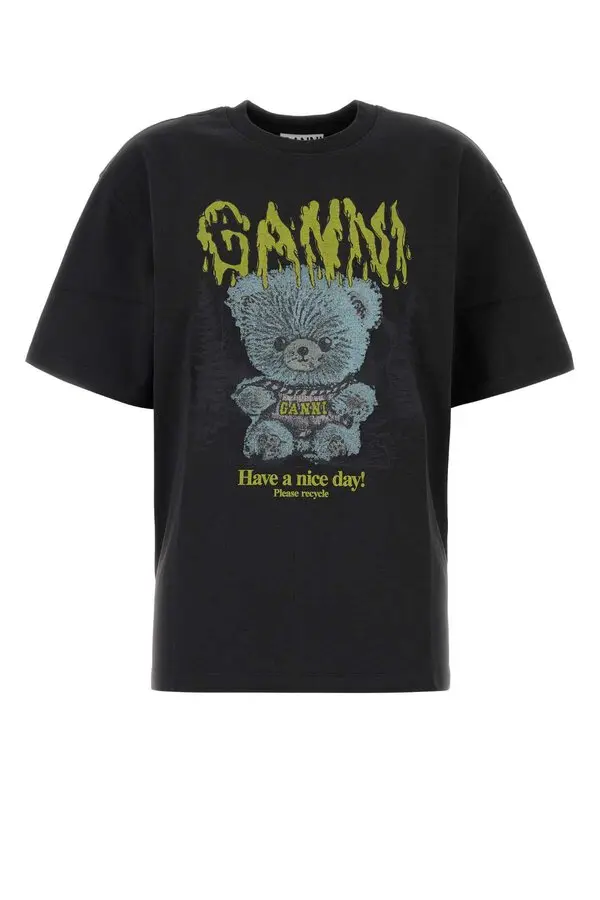 GANNI Oversize Cotton T-shirt With Graphic Print - Grey