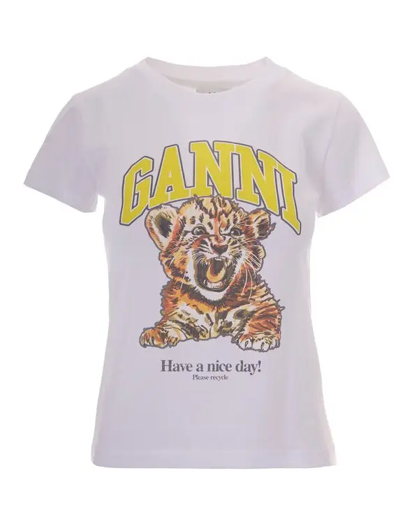GANNI Graphic Tiger Print Cotton T-shirt - Bright White