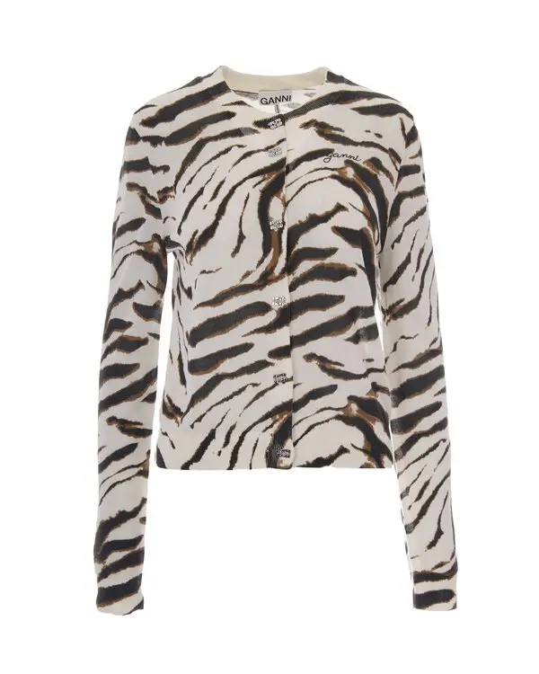 GANNI Animal Print Button-front Cardigan - Egret