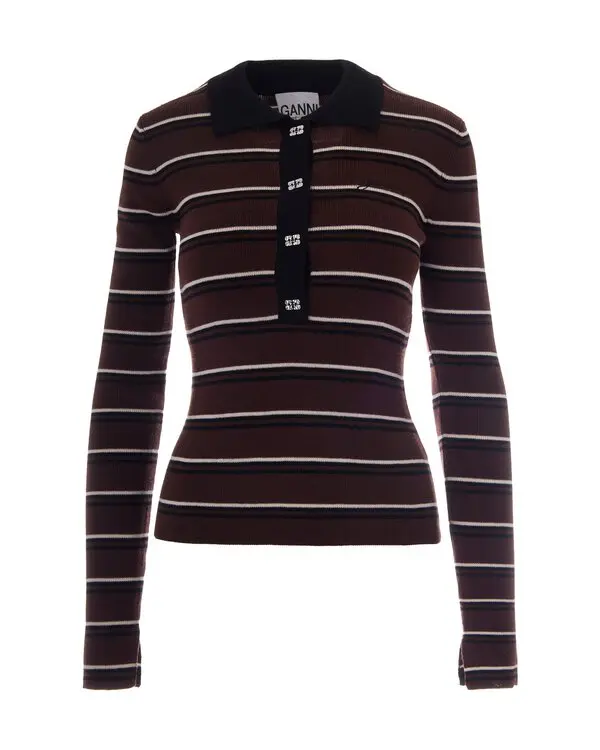 GANNI Striped Wool Polo Sweater - Brown