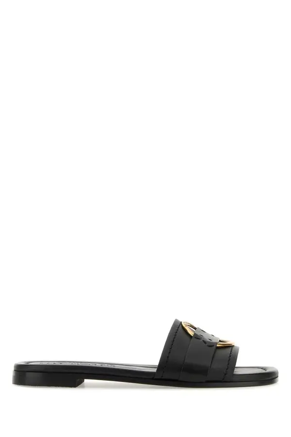 Moncler Leather Bell Slippers With Gold Tone Detailing - Black