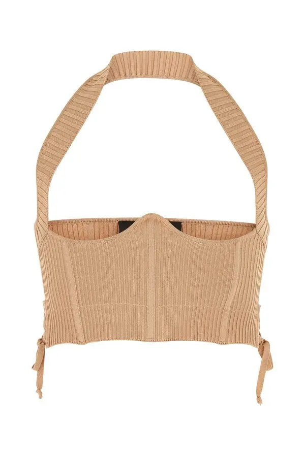 ANDREĀDAMO Ribbed Stretch Viscose Blend Halter Neck Bodice Top - Neutrals