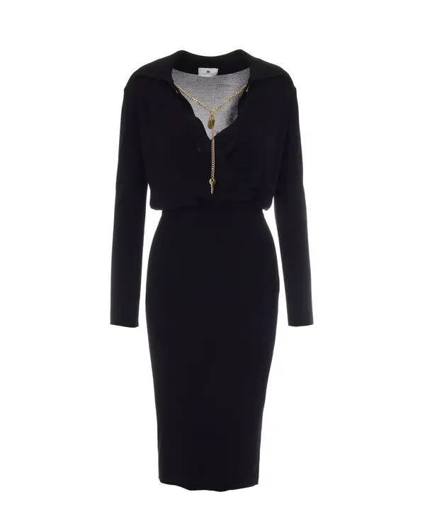 Elisabetta Franchi Long Sleeve Midi Dress With Chain Detail - Nero