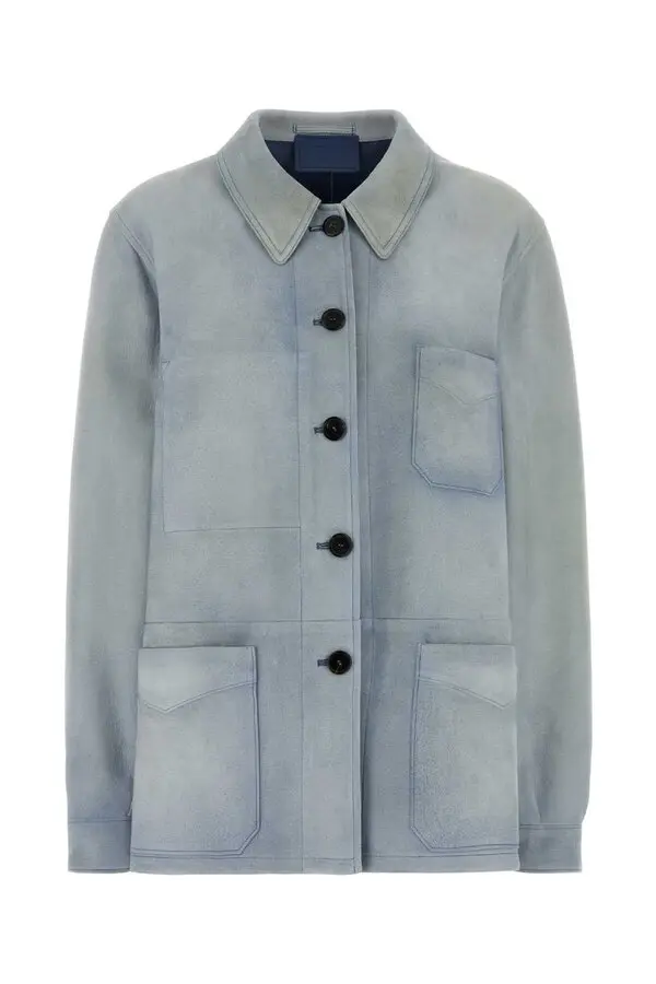 Prada Soft Suede Leather Jacket With Classic Collar - Light Blue