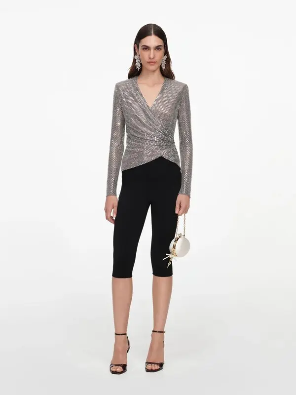 SELF-PORTRAIT All-over Rhinestone Embellished Wrap Top
