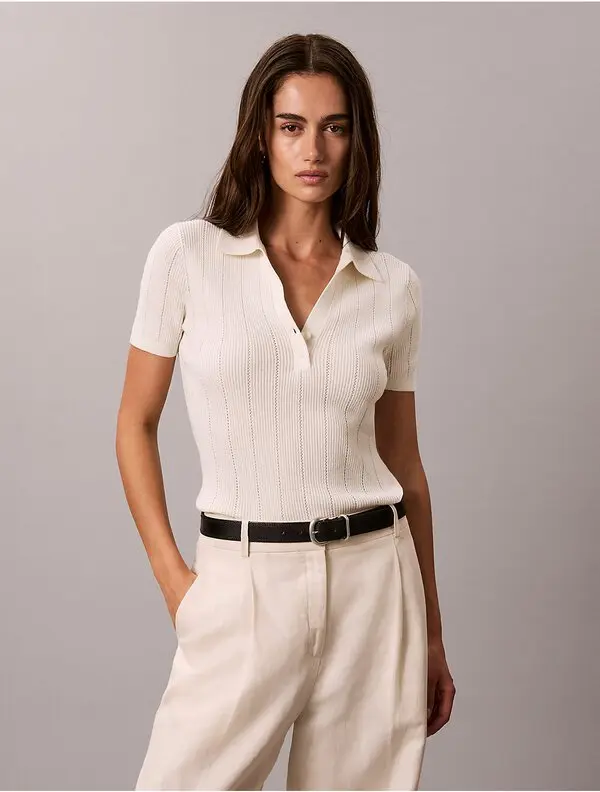 Calvin Klein Smooth Cotton Rib Polo Sweater - Tofu