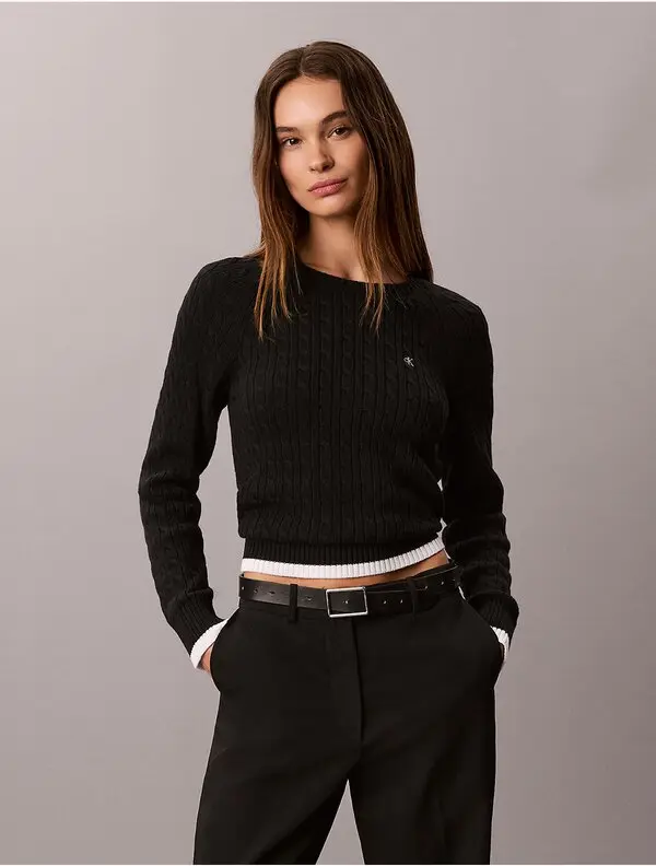 Calvin Klein Cable Knit Tipping Crewneck Sweater - Black
