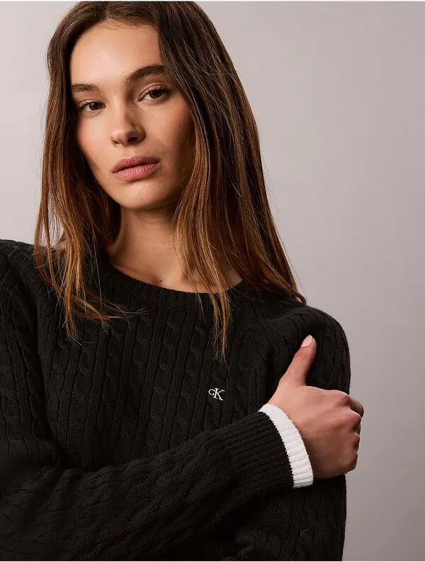Calvin Klein Cable Knit Tipping Crewneck Sweater - Black