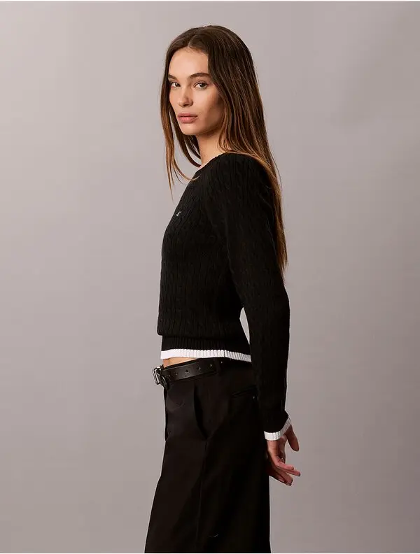 Calvin Klein Cable Knit Tipping Crewneck Sweater - Black