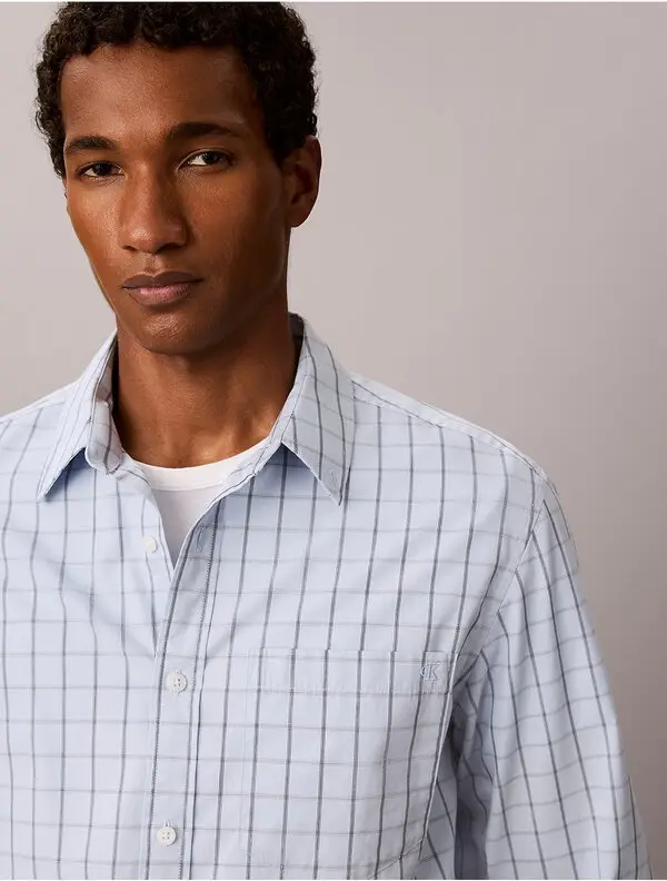 Calvin Klein Windowpane Washed Poplin Button-down Shirt - Breezy Blue