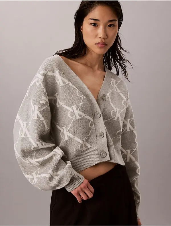 Calvin Klein Monogram Logo Cardigan Sweater - Grey Heather