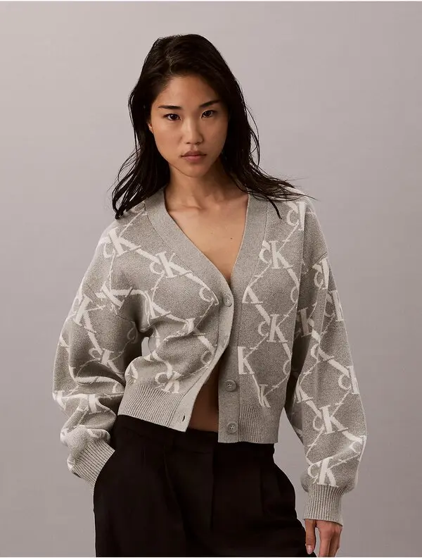 Calvin Klein Monogram Logo Cardigan Sweater - Grey Heather