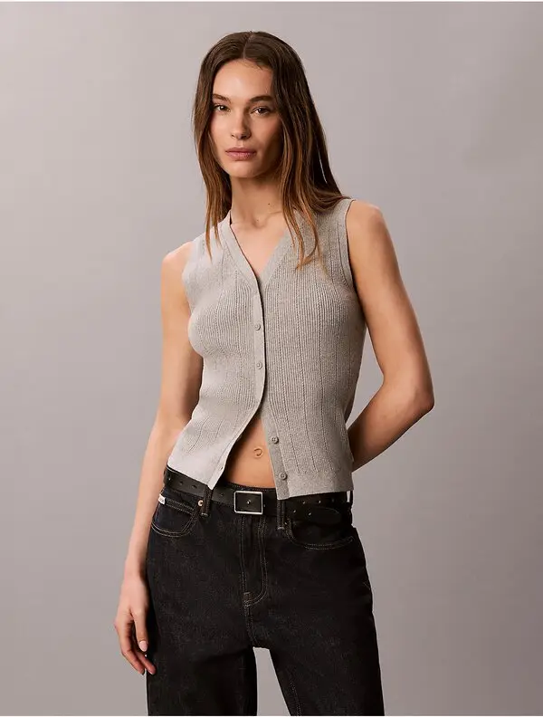 Calvin Klein Ribbed Knit Button-up Tank Top - Grey Heather