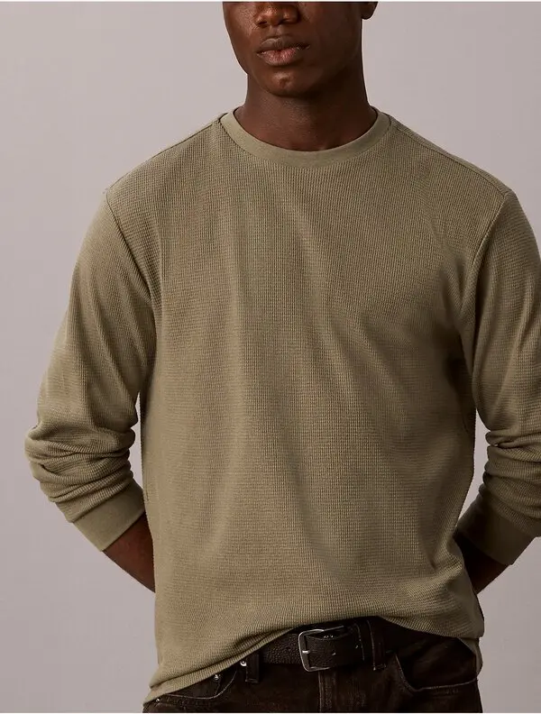 Calvin Klein Woven Monologo Waffle Crewneck Tee - Dusty Olive