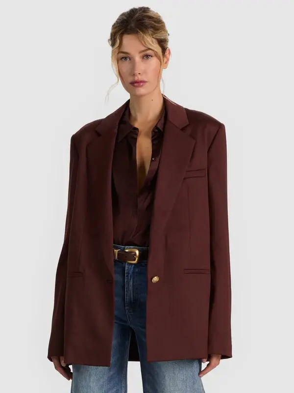 Alice + Olivia Ronan Oversized Wool Sateen Blazer - Dark Chocolate