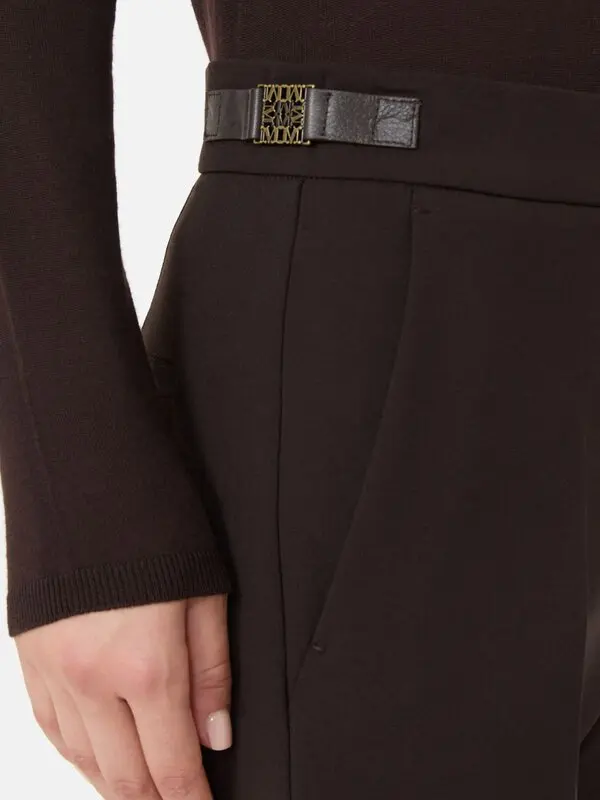 Max Mara Slim Double Woolen Cloth Trousers With Leather Straps And Maxmarabesque Plate - Dark Brown