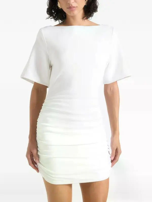 Manière De Voir Summer In Ruched Open-back Cotton T-shirt Mini Dress - White