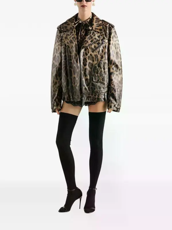 Dolce & Gabbana Leo-print Leather Jacket - Brown
