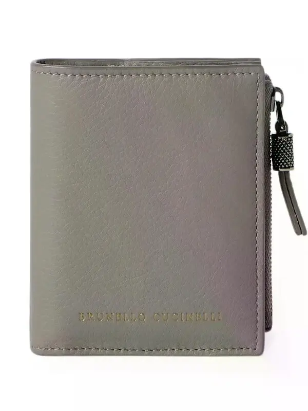 Brunello Cucinelli Grained Calfskin Compact Wallet With Shiny Zipper Pull
