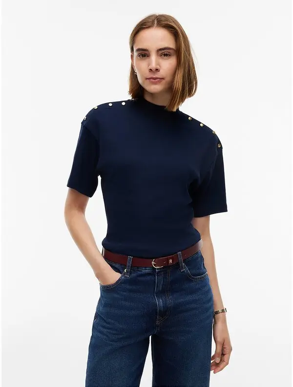 Tommy Hilfiger Gold-button Mockneck T-shirt - Navy