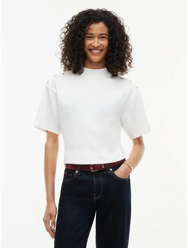 Tommy Hilfiger Gold-button Mockneck T-shirt - Ecru