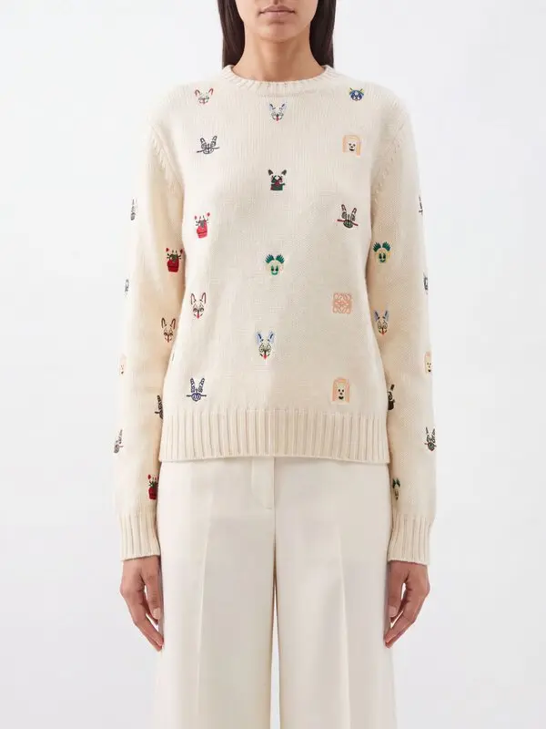 Loewe Embroidered Wool Blend Sweater - White