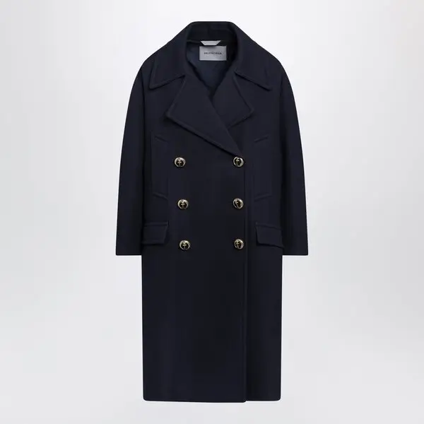 Balenciaga Long Navy Textured Wool Pea Coat - Blue