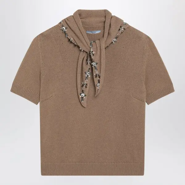 Prada Camel Cashmere Sweater With Jewel Scarf