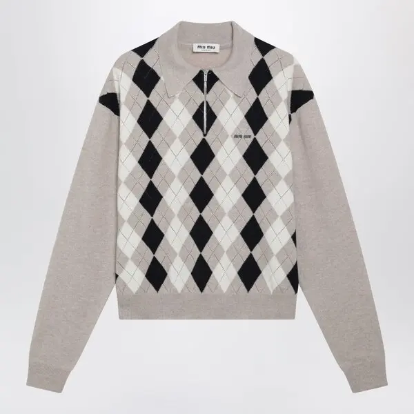 Miu Miu Argyle Cashmere Polo Shirt - Cream